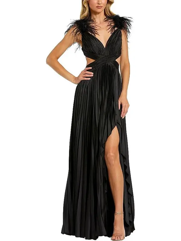 Mac Duggal Pleated Feather Gown - Black