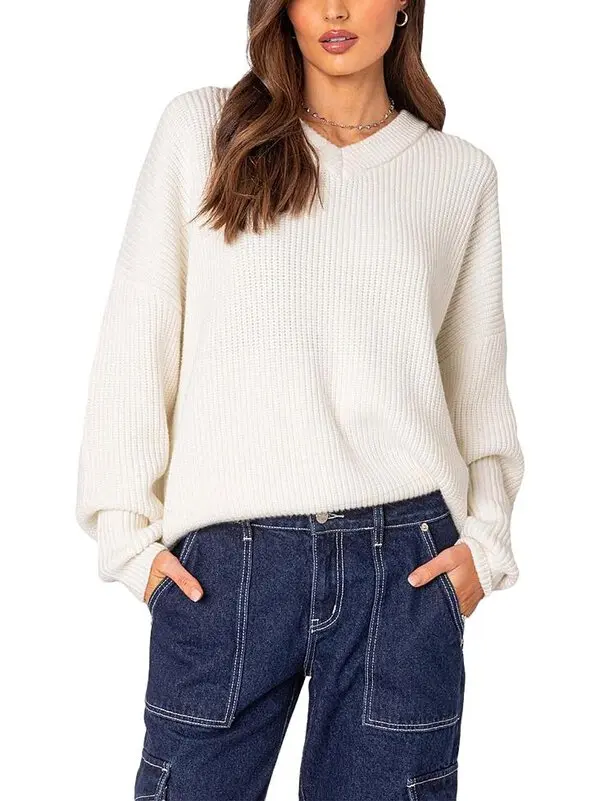 EDIKTED Denny Oversized V-neck Sweater - White