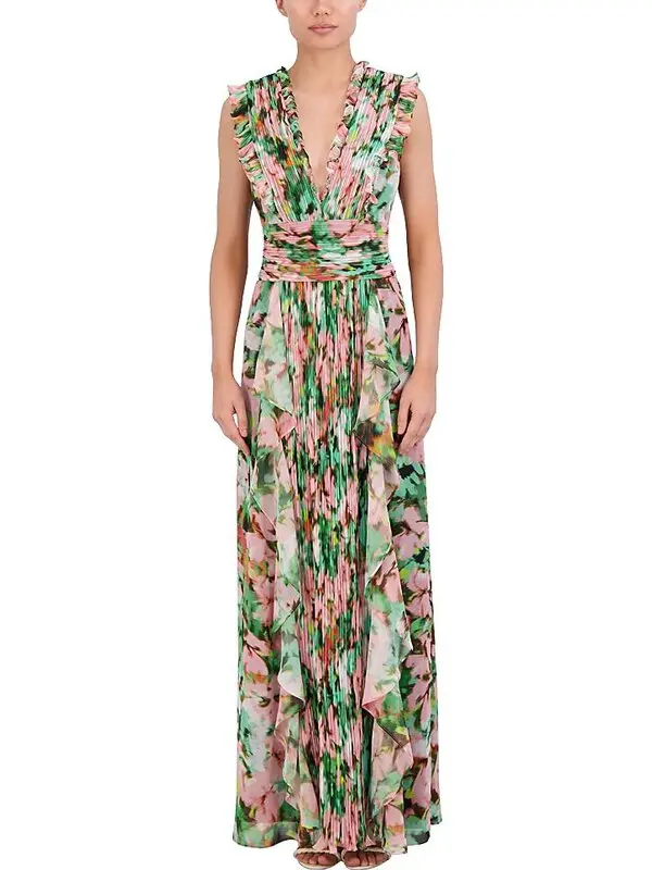 Bcbgmaxazria Printed Cascading Ruffle Maxi Dress - Winter Green