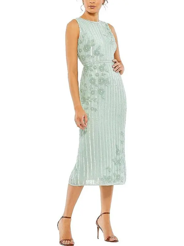 Mac Duggal Striped Floral Embellished Midi Dress - Seafoam