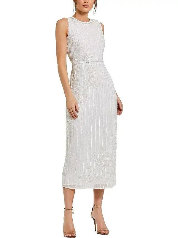 Mac Duggal Striped Floral Embellished Midi Dress - White