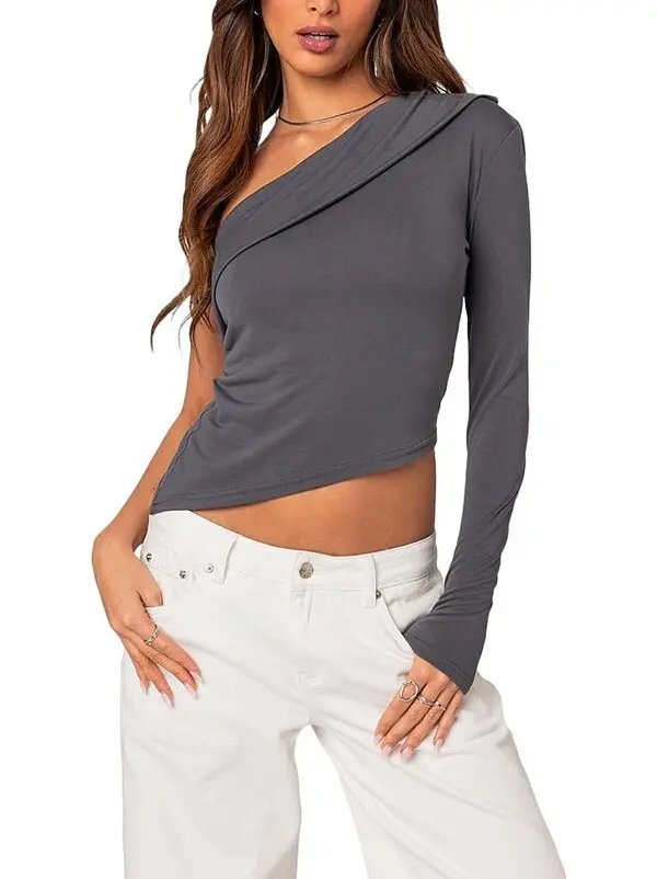 EDIKTED Fold Over One-shoulder Top - Dark Gray