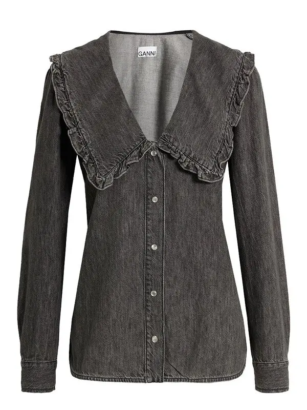 GANNI Ruffled Organic Cotton & Tencel Blend Denim Top - Anthracite