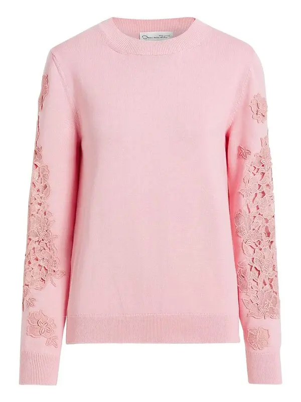 Oscar De La Renta Guipure Lace-trimmed Cotton Sweater - Baby Pink
