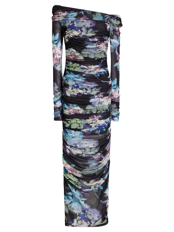 NICHOLAS Floral-print Stretch-mesh Maxi Dress - Black