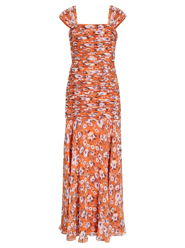 MIKAEL AGHAL Ruched Floral-print Chiffon Maxi Dress - Orange