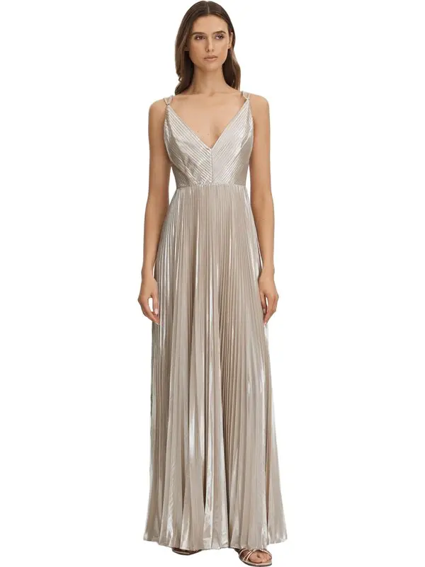 Halston Metallic Pleated Maxi Dress - Nude
