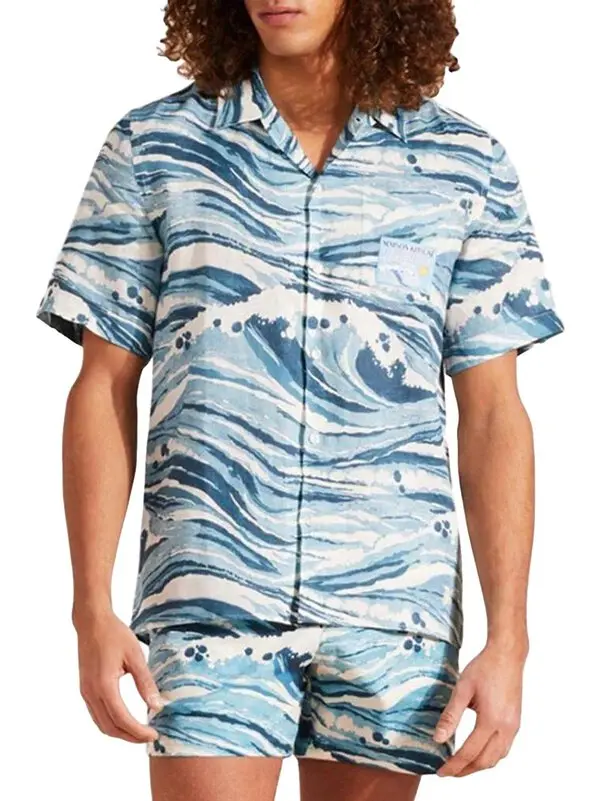 Vilebrequin X Maison Kitsune & Apos;s Wave Linen Shirt - Blue