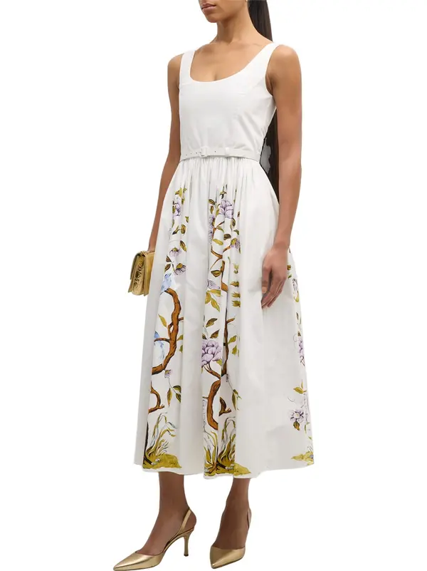 Adam Lippes Flower Branch-print Belted Poplin Midi Dress - White Multi