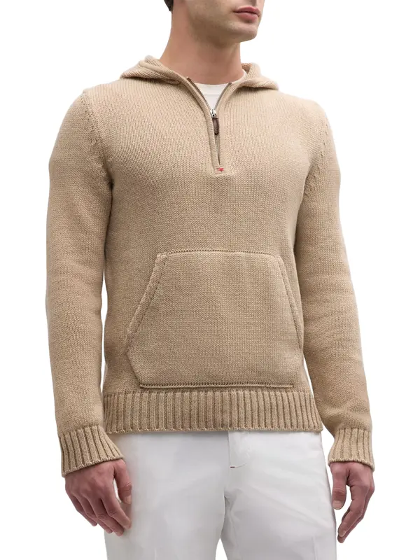 Isaia Cashmere-cotton Knit Half-zip Hoodie - Light Beige