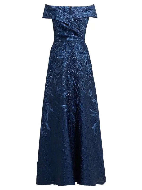 Rickie Freeman For Teri Jon Off-shoulder Metallic Jacquard Gown - Navy