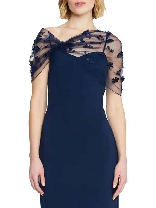 Theia Floral Applique Tulle & Crepe Gown - Navy