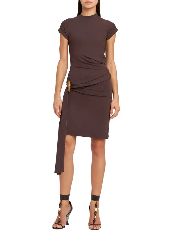 FERRAGAMO Jersey Wrap Sheath Dress With Buckle Detail - Expresso