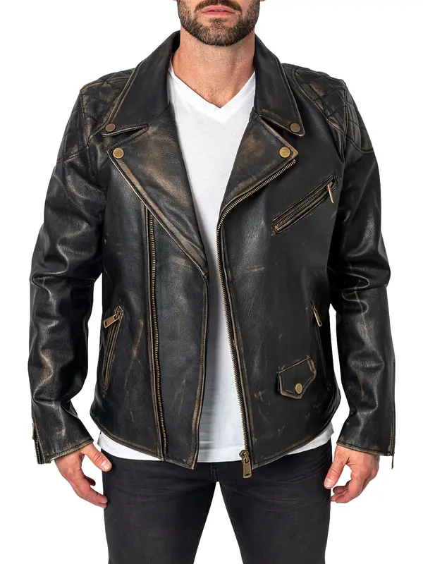 MACEOO Distressed Leather Moto Jacket - Brown