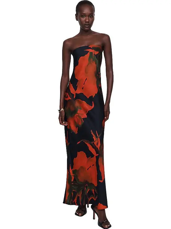 Anthropologie Strapless Satin Maxi Slip Dress - Red Pattern