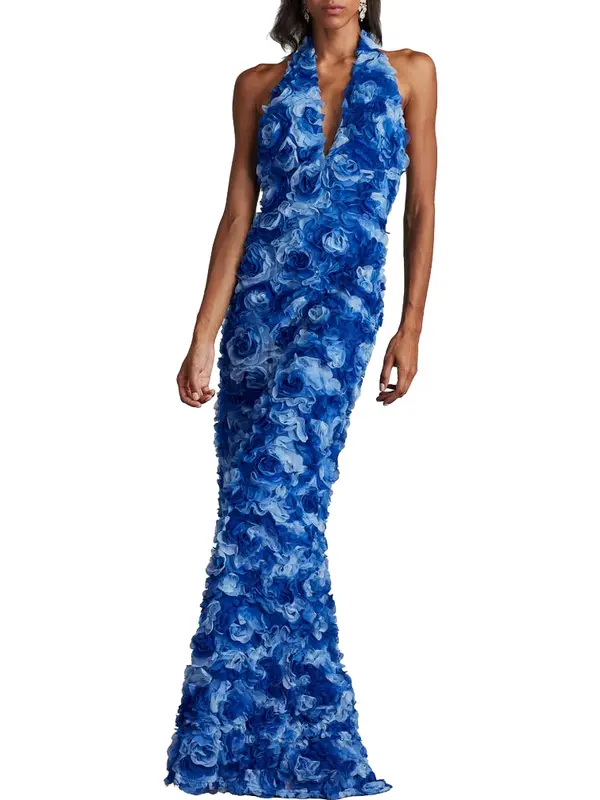 Tadashi Shoji 3-d Floral Halter Neck Gown - Mystic Blue