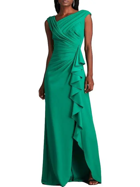 Tadashi Shoji Asymmetric Neck Fit & Flare Gown - Aloe Green
