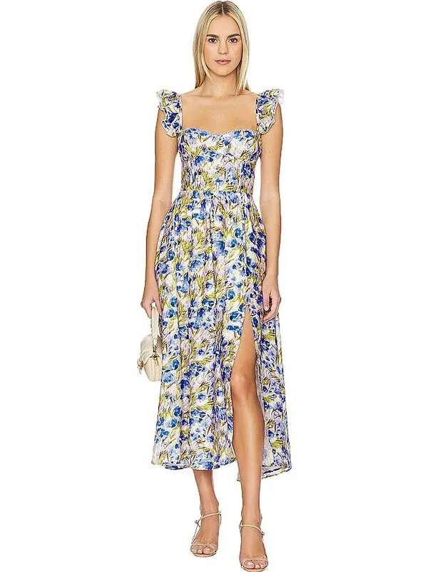 Astr The Label Floral Print Dress With Flutter Sleeves And Lace-up Back - Yellow Blue Floral