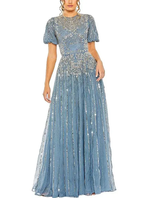 Mac Duggal High Neck Puff Sleeve Embellished Gown - Slate Blue