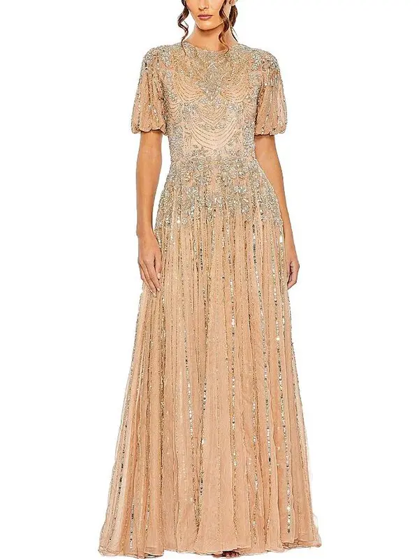 Mac Duggal High Neck Puff Sleeve Embellished Gown - Taupe