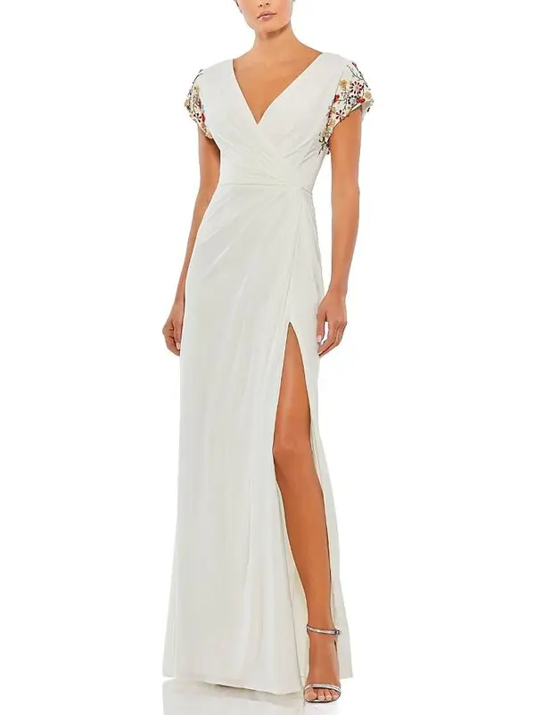 Mac Duggal Embellished Sleeve Jersey Wrap Gown - White Multi