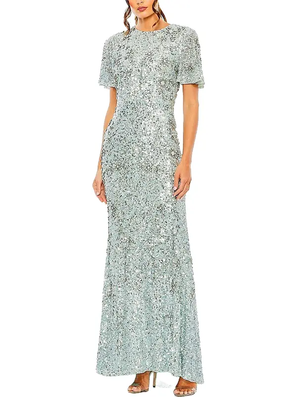 Mac Duggal Flutter Sleeve Sequin High Neck Gown - French Blue