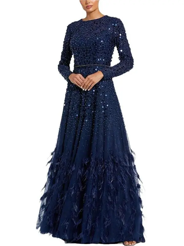 Mac Duggal Feather Detail Embellished Gown - Midnight
