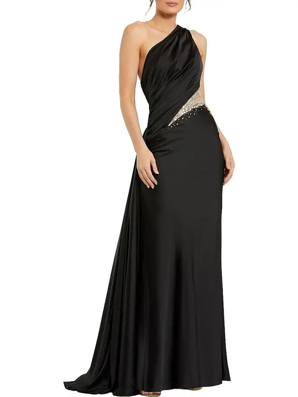 Mac Duggal One Shoulder Charmeuse Gown With Beaded Cutout - Black