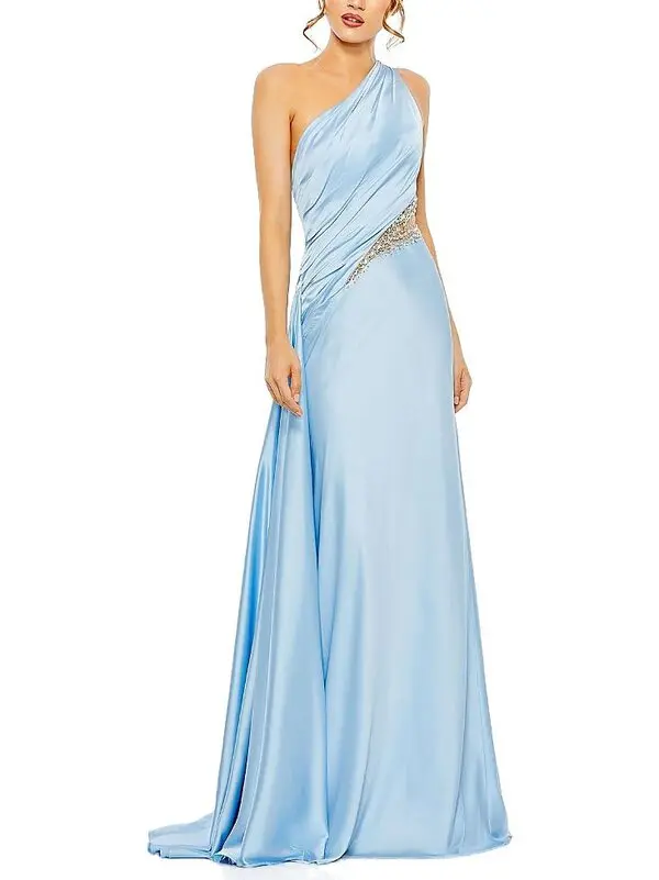 Mac Duggal One Shoulder Charmeuse Gown With Beaded Cutout - Powder Blue