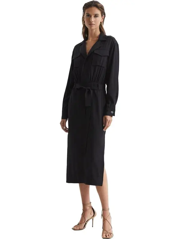 REISS Gail Safari Midi Dress - Black