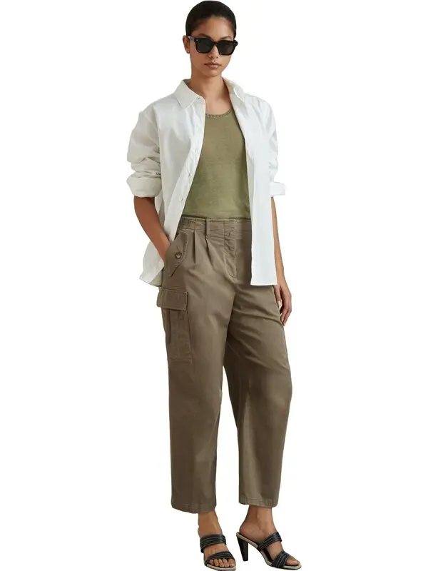 REISS Indie Cotton Blend Tapered Combat Trousers - Khaki