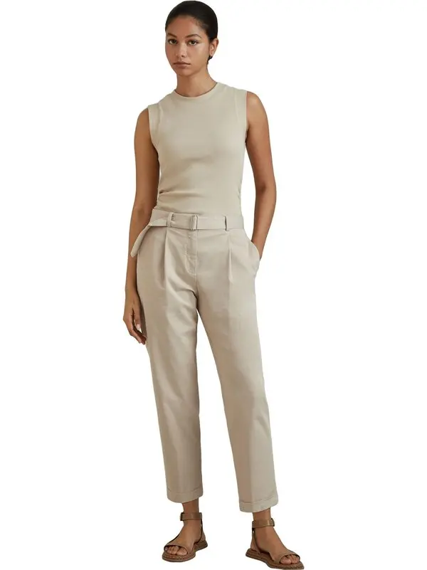 REISS Hutton Cropped Belted Trousers - Stone