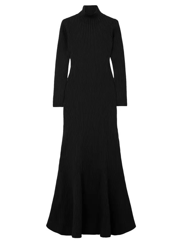Balenciaga Turtleneck Ribbed Silk-blend Maxi Dress - Black