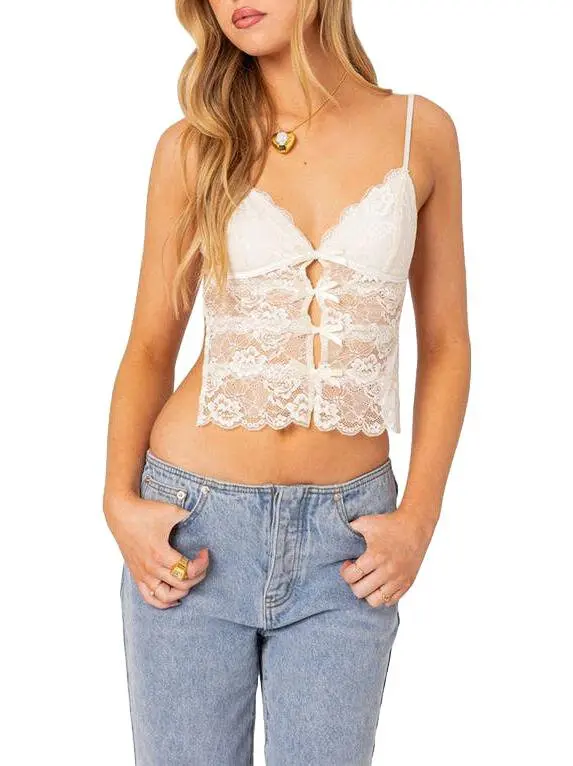 EDIKTED Cara Sheer Lace Tie Back Camisole - Cream