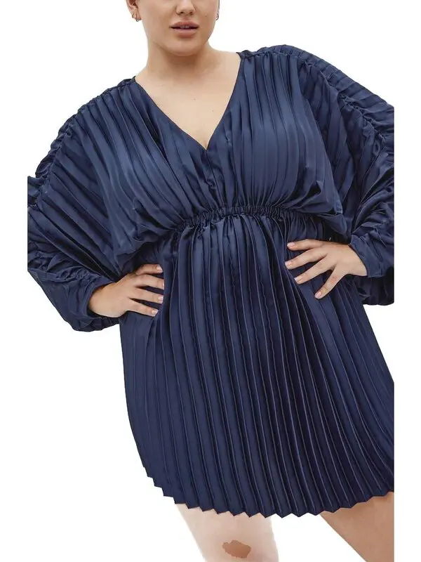 City Chic Chloe Pleated Long Sleeve Satin Mini Dress - Navy