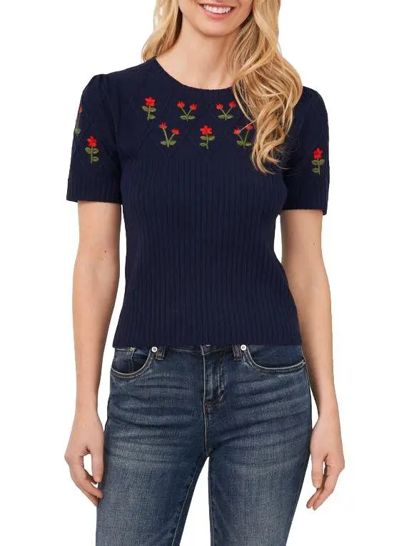 CECE DUPRAZ Embroidered Cotton Short Sleeve Sweater - Classic Navy Blue
