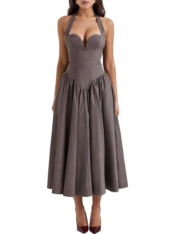 House Of Cb Halterneck A-line Midi Dress - Pebble Grey