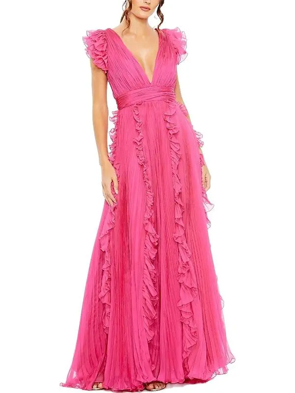 Mac Duggal Ieena Pleated Ruffle Gown - Fuchsia
