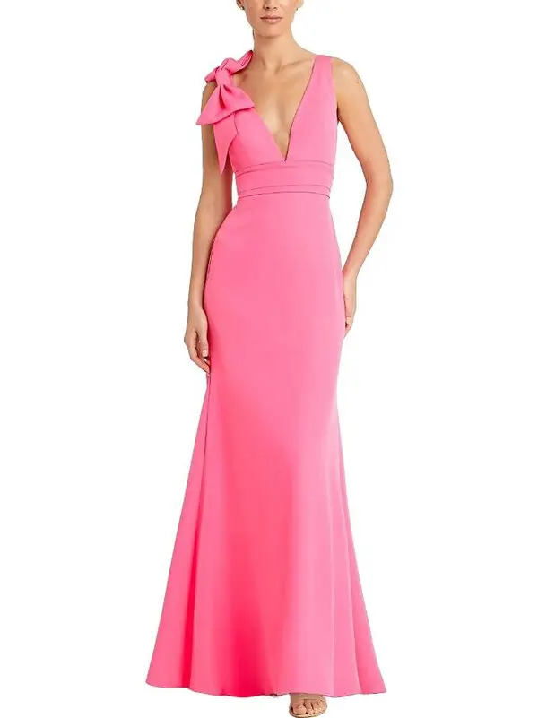Mac Duggal Sleeveless V-neck Mermaid Gown With Bow Detail - Candy Pink