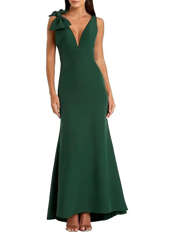 Mac Duggal Sleeveless V-neck Mermaid Gown With Bow Detail - Emerald