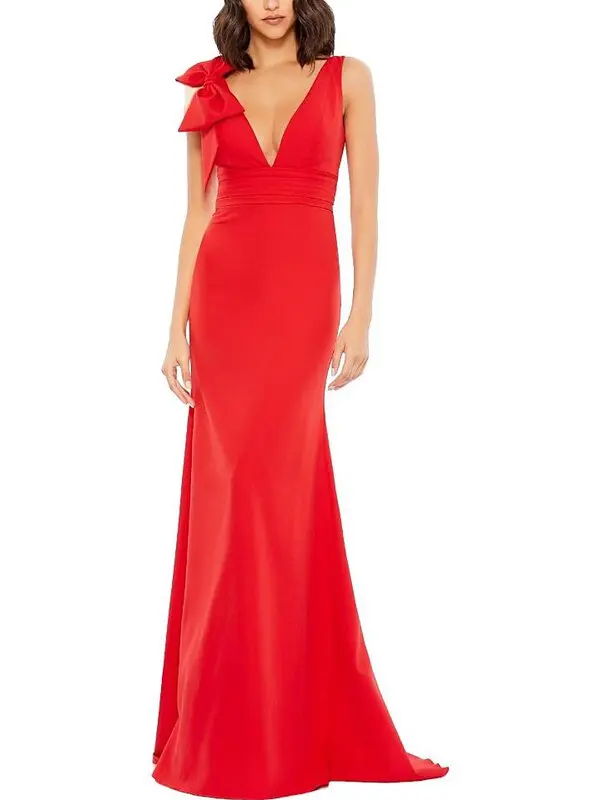 Mac Duggal Sleeveless V-neck Mermaid Gown With Bow Detail - Red