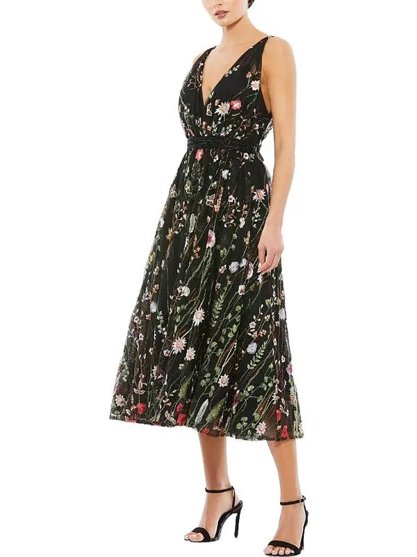 Mac Duggal Ieena V-neck Floral Print Midi Dress - Black Multi