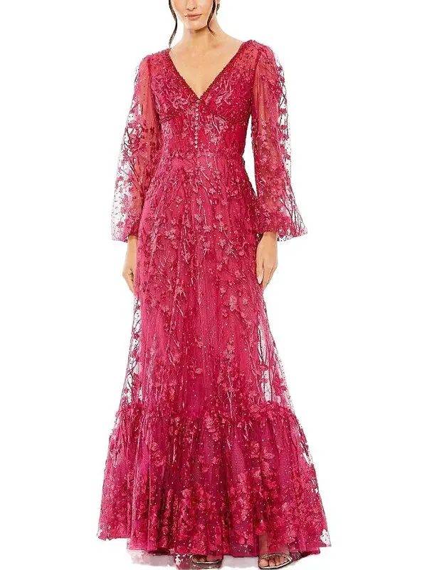 Mac Duggal V-neck Embroidered Gown - Cranberry