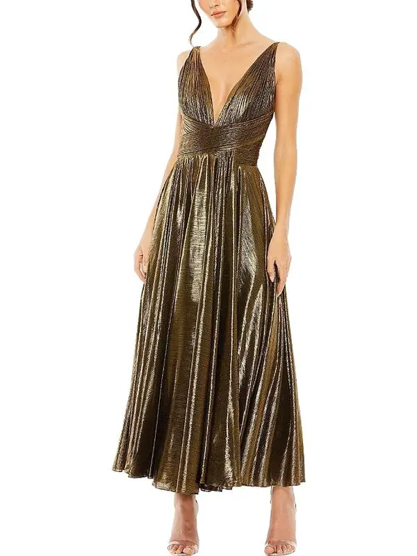 Mac Duggal Sleeveless V-neck Metallic Dress - Antique Gold