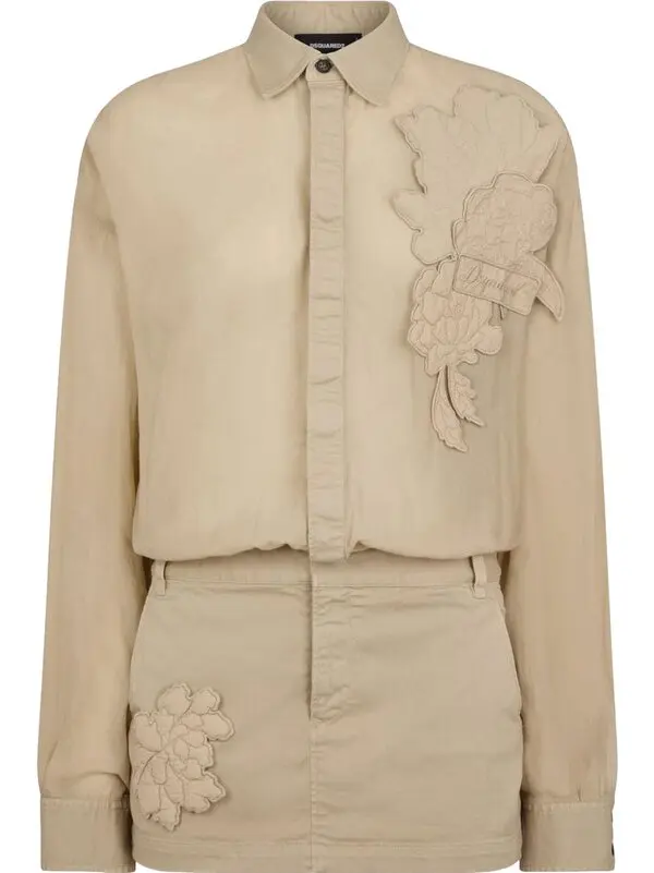 Dsquared2 Floral-appliqué Cotton Shirt Dress - Neutrals