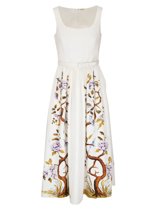 Adam Lippes Tree Of Life Print Cotton Poplin Midi Dress - White
