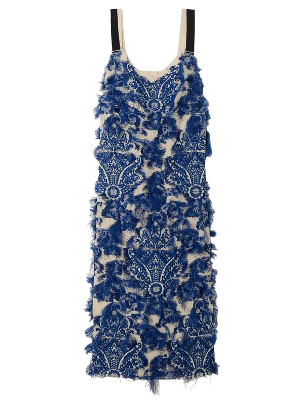 Erdem Fringed Embroidered Tulle Midi Dress - Blue