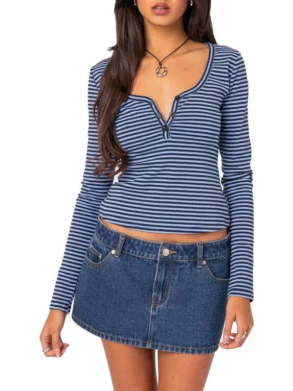 EDIKTED Jocelyn Stripe Stretch Cotton Top - Blue