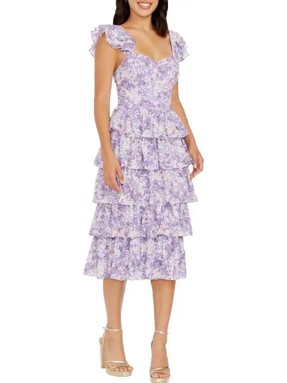 Dress The Population Kristen Floral Ruffle Tier Midi Dress - Lavender Multi