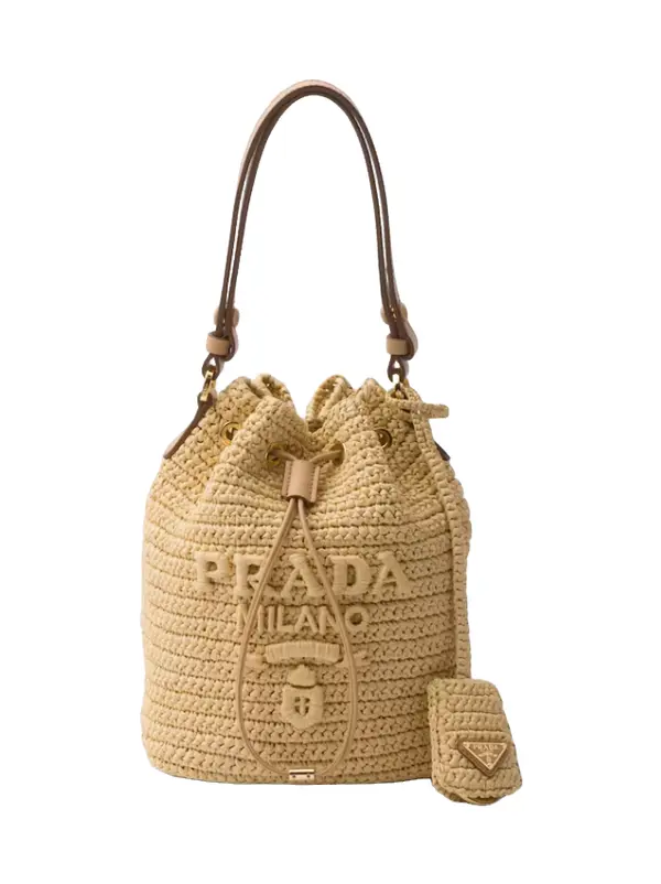 Prada Crochet And Leather Bucket Bag - Natural
